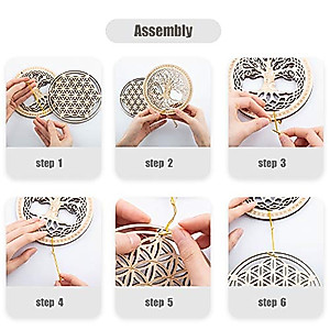 5.31" Sacred Geometry Wall Art 4 PCS Set, (Sacred Lotus, Hamsa Hand, Soul Star, Union Sun Moon) Crystal Grid Meditation Chakra Wooden Wall Art Yoga Decor Spiritual Gifts