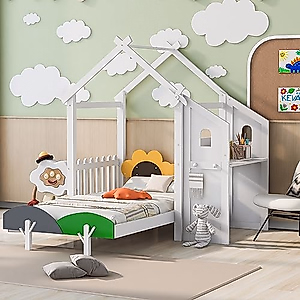 BIADNBZ Twin Size House Bed Frame with Desk and Two Handles, Wooden Platform Bedframe w/Windmill, Roof&Flower Decor, for Kids Boys Girls Bedroom, White