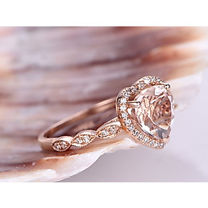 3pcs 14k Rose Gold Engagement Ring Set,8mm Heart Shaped Pink Morganite Halo Vintage Diamond Bridal Band