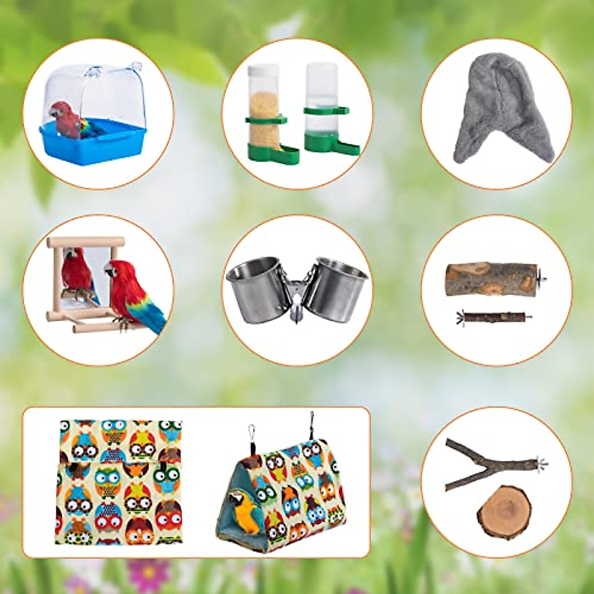 Bird Perches Parakeet Cage Accessories - Natural Wooden Parrot Stand Branch Budgie Bath Mirror Hammock Winter Warm Hanging Nest Hut Cockatiel Water Feeder Dispenser