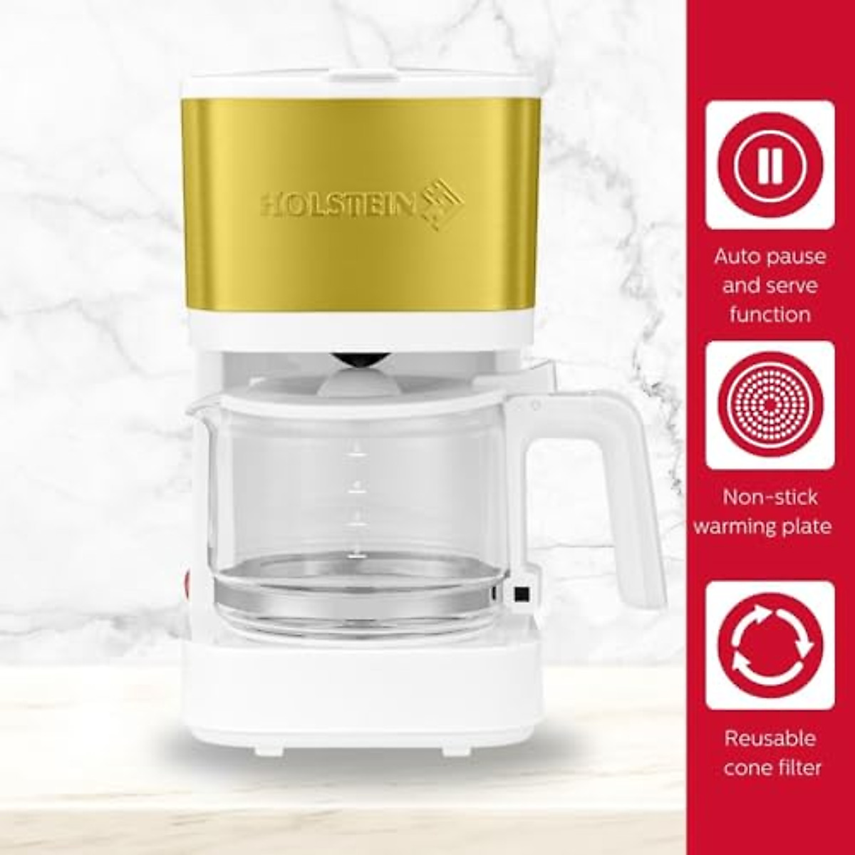 Holstein Housewares 5-Cup Coffee Maker - Pause N Serve, One-Touch Operation, Non-Stick Warming Plate, Water Level Indicator - Reusable Filter - Compact Design - White and Gold Color