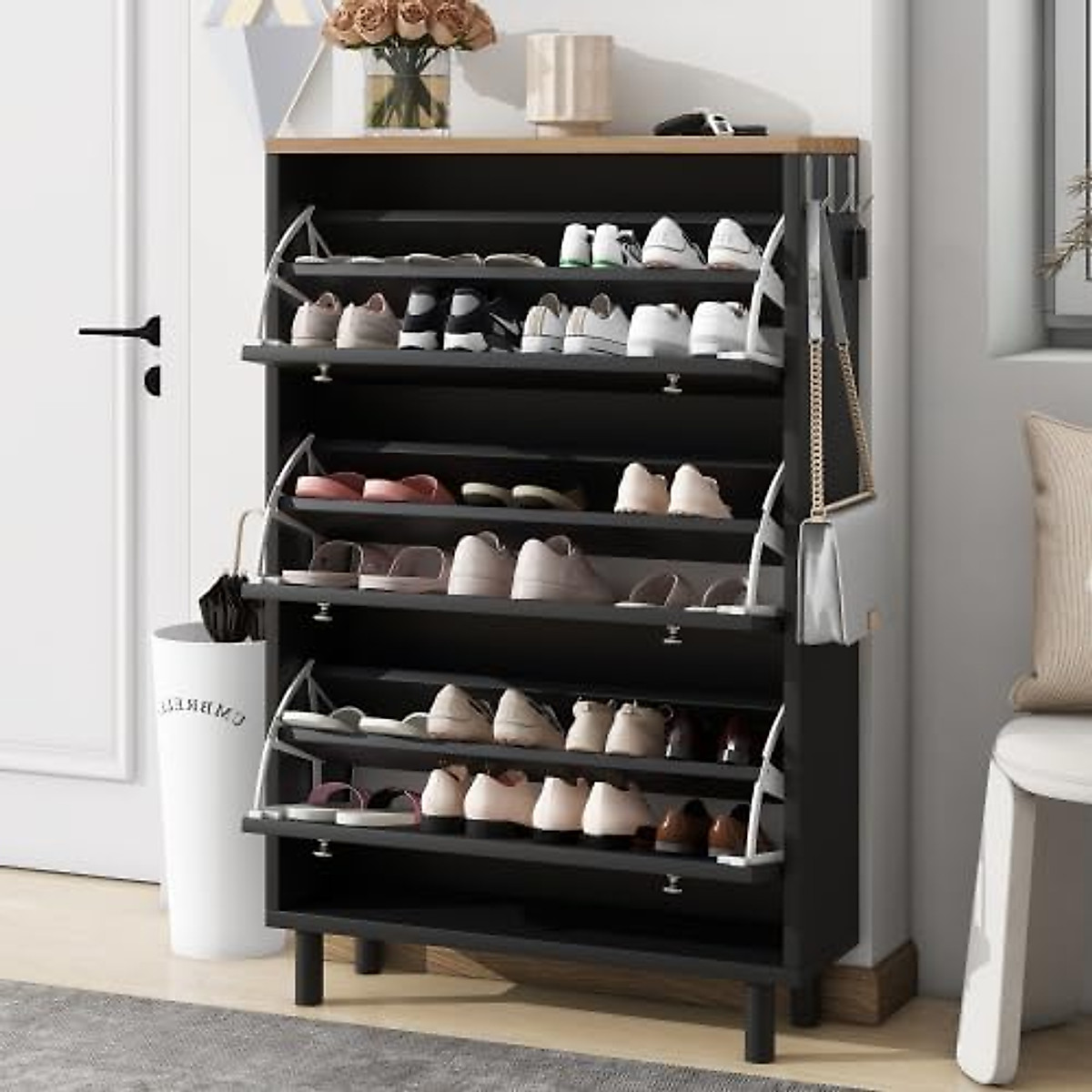 Wekity Narrow Design Shoe Cabinet with 3 Flip Drawers, Wood Grain Pattern Top Entryway Organizer with 3 Hooks, Free Standing Shoe Rack with Adjustable Panel for Hallway (Black)