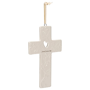 Jesus Loves Me Filigree Heart 7 x 4 Ceramic Stoneware Crib Cross