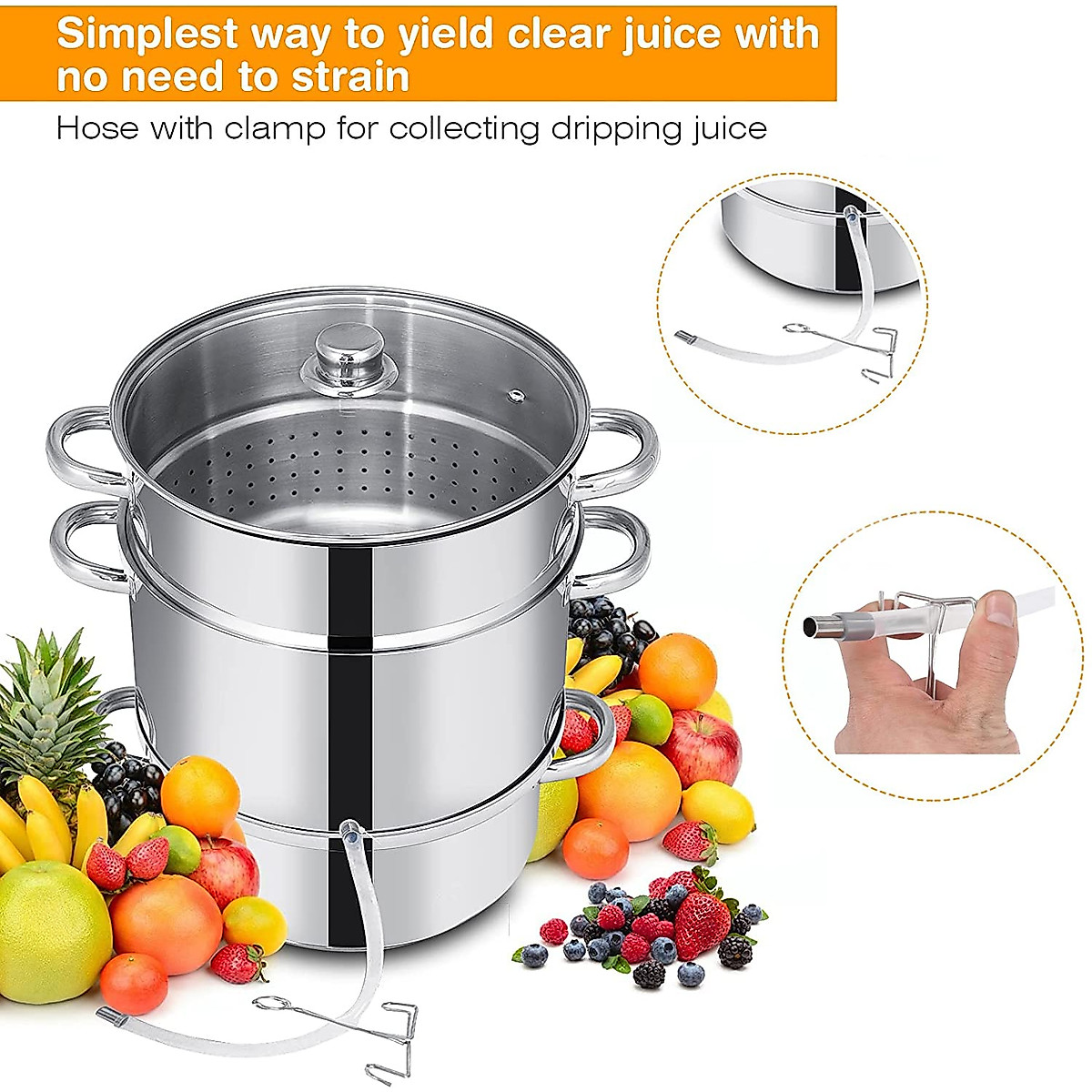 FANTASK 11-Quart Steam Juicer, Pasta Pot with Tempered Glass Lid, Hose, Clamp, Safe Loop Handle, Easy to Use, Stainless Steel Steamer Pot for Cooking Fruit Vegetable, Silver