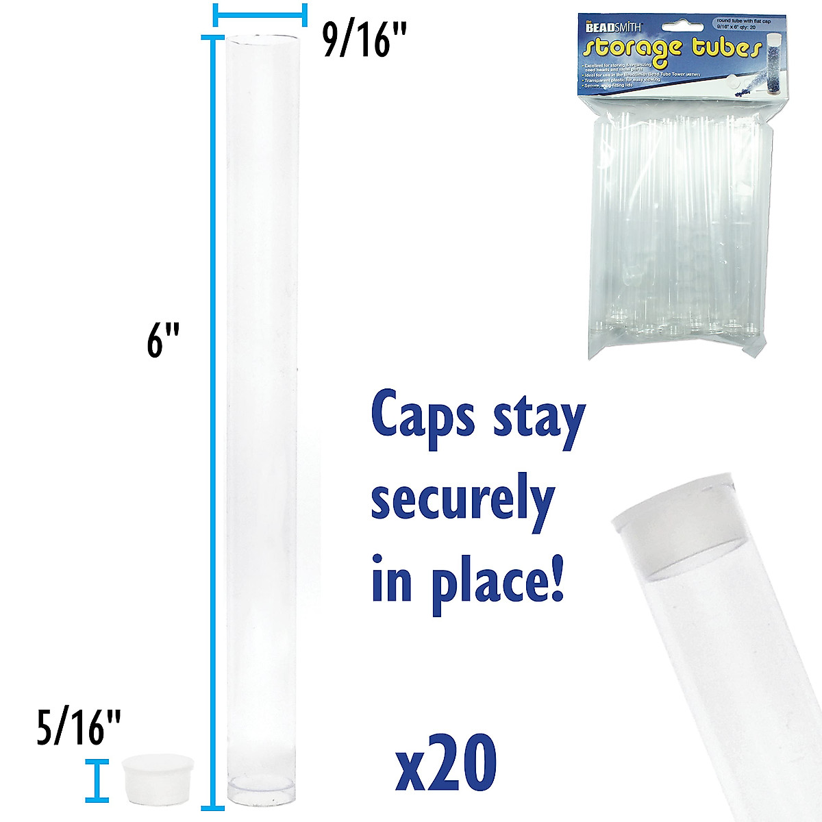 The Beadsmith Clear Plastic Tubes - 6-Inch-Long Round Tubes, 9/16 Inches in diameter - Flat Caps - Use for Beads, Bath Salts, Wedding & Party Favors, Home or Office Storage - Bag of 20