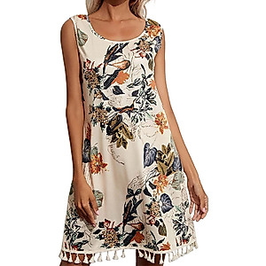 Cnebo Formal Dresses for Women Evening Party 2023 Women's Summer Loose Tassel Sleeveless Printed Dress Beige