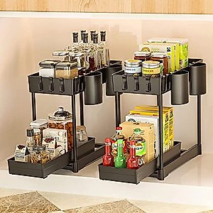 SBD 2 Pack Under Sink Organizers and Storage, 2-Tier Sliding Under Cabinet Organizer for Bathroom and Kitchen with Multi Purpose Door Organizer, 4 Cups, and 10 Hooks - Black