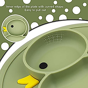 Baby Divided Plate Placemat Silicone- Portable Non Slip Child Feeding Suction Plate for Children Babies and Kids BPA Free Baby Dinner Plate Microwave Dishwasher Safe (Duck-Endive)