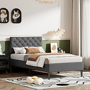 Twin Size Platform Bed, Metal and Wood Bed Frame with Headboard and Footboard, Metal Slat Support/No Box Spring Needed/Easy Assembly (Grey)