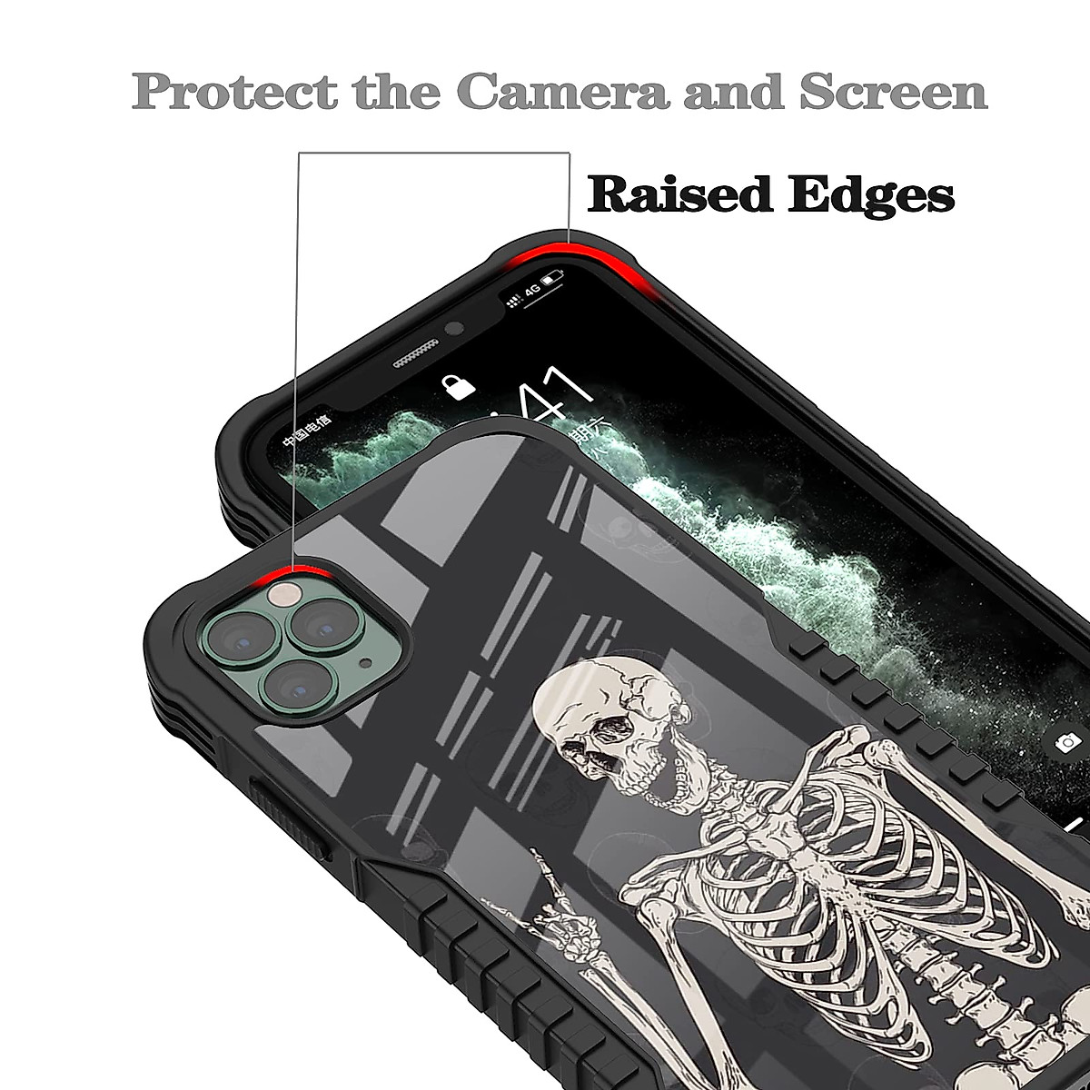 FJyuanqi Compatible with iPhone 13 Pro Max Case, Rock and Roll Skull Skeleton Bone Love Music Design Heavy Duty Anti Slip Shockproof Hard PC Back Soft TPU Prevention Protective Phone Case