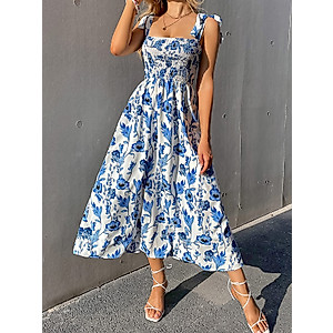 MakeMeChic Women's Summer Boho Dress Casual Floral Print Spaghetti Strap Square Neck Long Maxi Dress Beach Sun Dress A Blue and White M