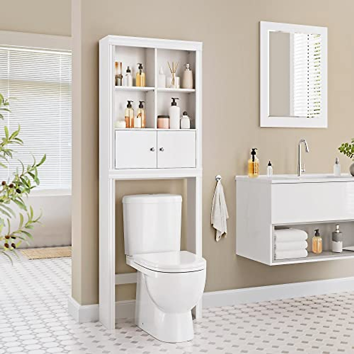 Yaheetech Over The Toilet Storage with 4 Open Storage Compartments and 2 Doors Cabinet, Freestanding Toilet Organizer for Bathroom, D8xW24xH67.5 in