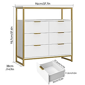 FACBOTALL Modern White Dresser, 6 Drawer Dresser with Shelf, Wood Chest of Drawers with Sturdy Steel Frame, Large Capacity 6 Drawer Dresser for Living Room Home