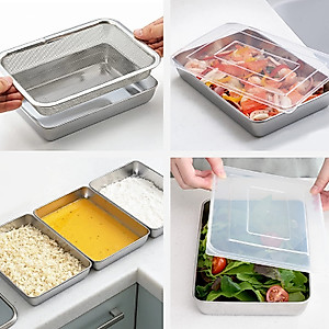 YAMAZEN, 7-Piece Set Stainless Steel Stackable Kitchen Food Containers With Flexible Clear Lids & Stainless Steel Strainer | Marinade Storage Trays | Refrigerator Fridge Freezer | Storage Kitchen
