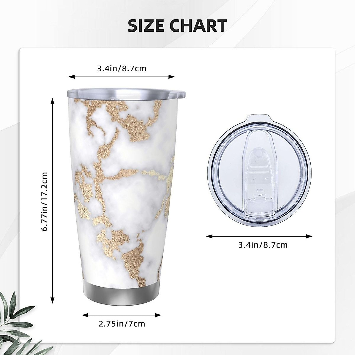 Modern Chic White Gold Foil Marble 20oz Tumbler Stainless Steel Vacuum Insulated Coffee Travel Mug Durable Insulated Coffee Travel Mug with Splash-Proof Lid Metal Straw and Brush Thermal Cup Outdoor