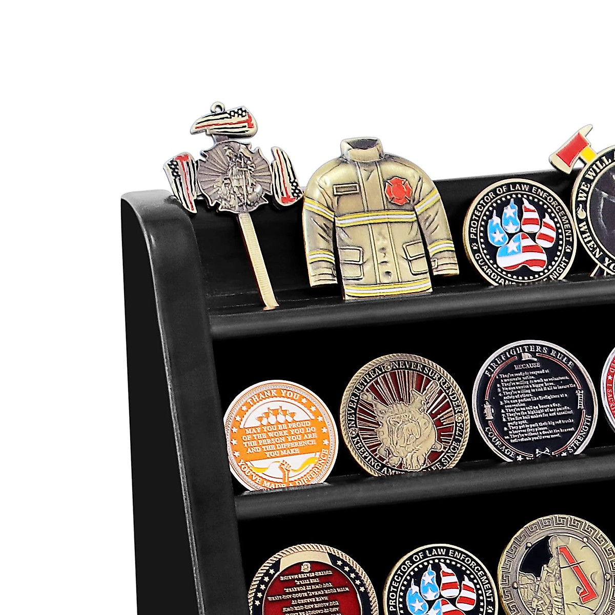 ASmileIndeep 4 Rows Wooden Military Challenge Coin Display Case Wall Mount - Army Coin Collectibles Holder Display Stand Rack, Black