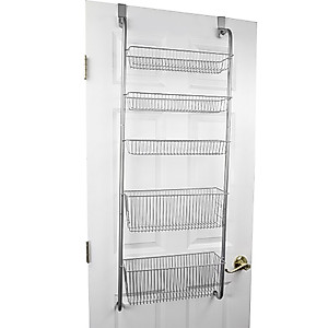 5 Tier Over The Door Pantry Organizer (Silver), By Home Basics | Metal Pantry Door Rack | Hanging Pantry Organizer For Condiments, Spices, Snacks, and Canned Goods