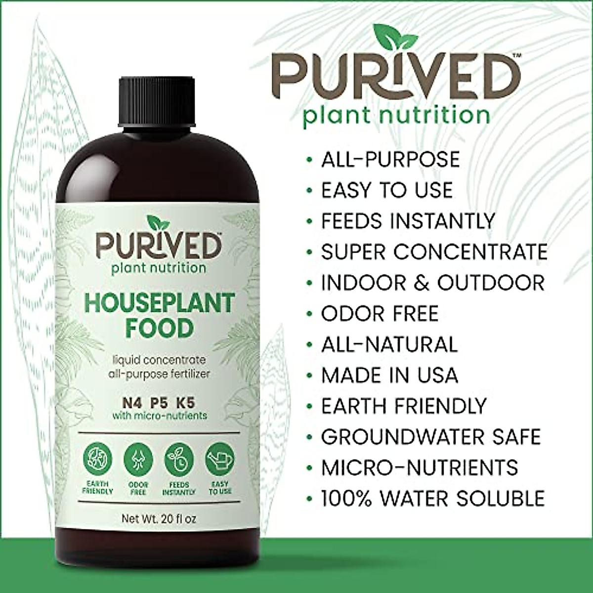 Purived Liquid Fertilizer for Indoor Plants | 20oz Concentrate | Makes 50 Gallons | All-Purpose Liquid Plant Food for Potted Houseplants | All-Natural | Groundwater Safe | Easy to Use | Made in USA