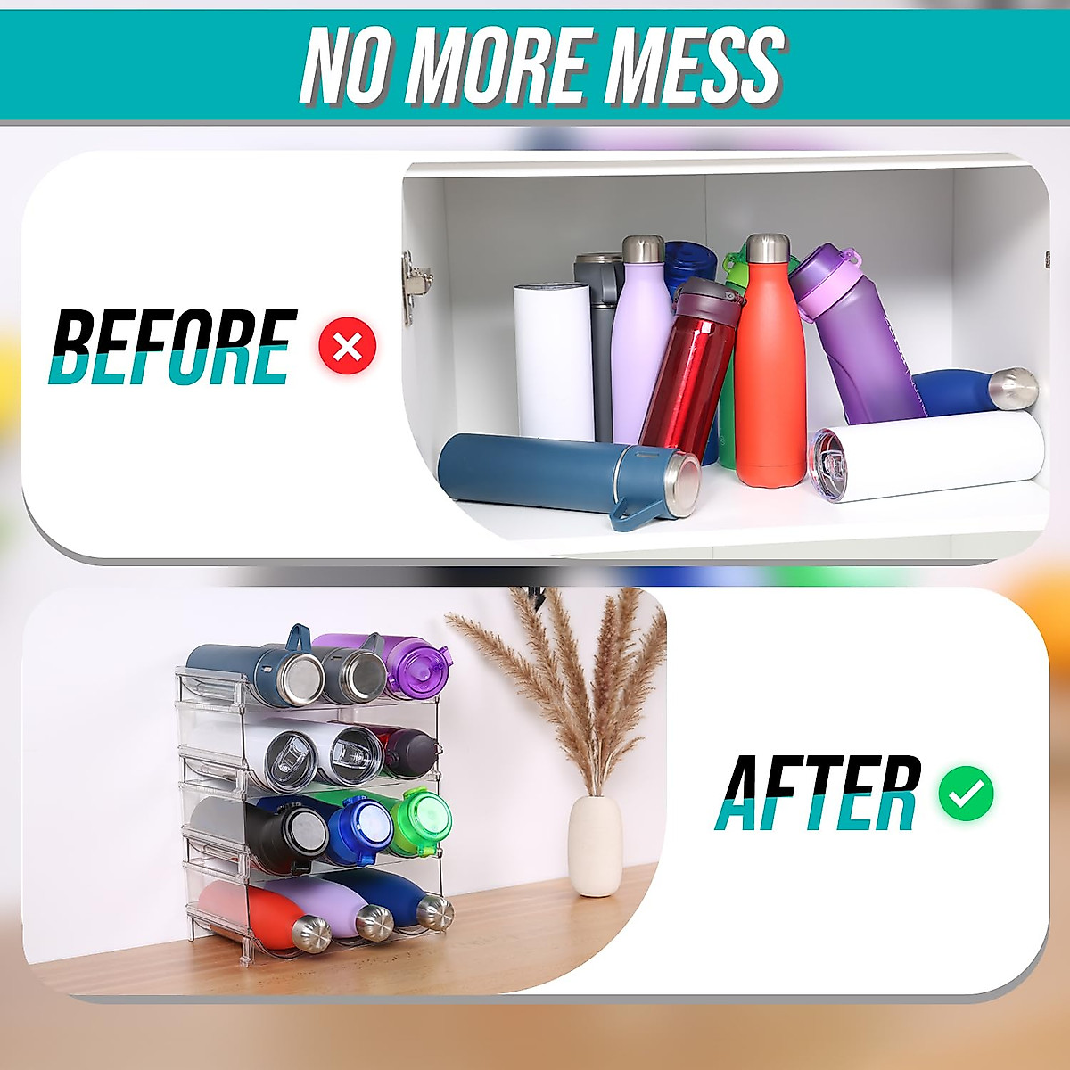 Shelfora 4-Tier Stackable Water Bottle Organizer for Cabinet – Clear Holder for Tumblers, Cups, Travel Mugs, Wine Bottles – Home Kitchen and Refrigerator Storage – Holds 12 Bottles