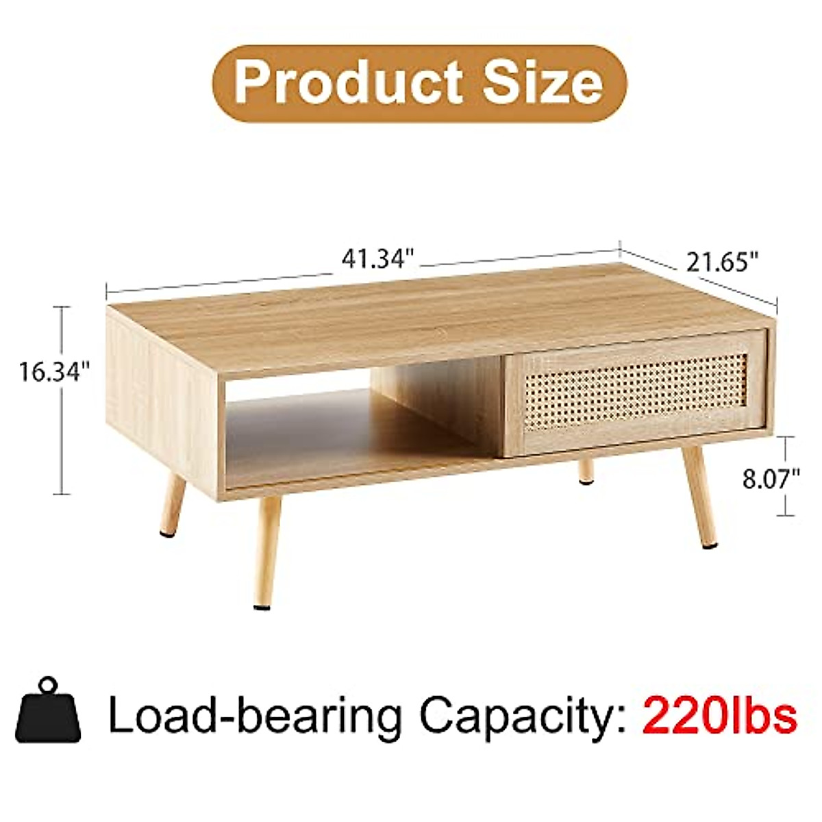 Mid Century Modern Coffee Table with Storage, 41.3 Inch Rectangle Wooden Accent Center Sofa Table with Sliding PE Rattan Woven Door Panel and Solid Wood Legs, Suitable for Living Room, Apartment