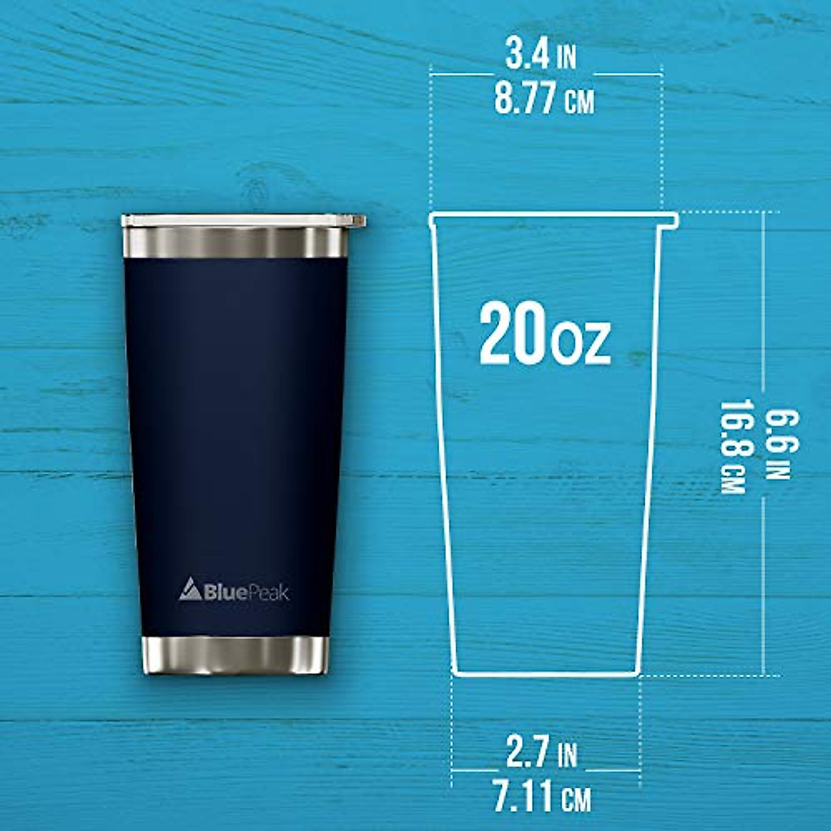BluePeak Double Wall Stainless Steel Insulated Tumbler Set, 2-Pack, Includes Sipping Lids, Spill-Proof Sliding Lids, Straws, Cleaning Brush & Gift Box (20oz, Navy)