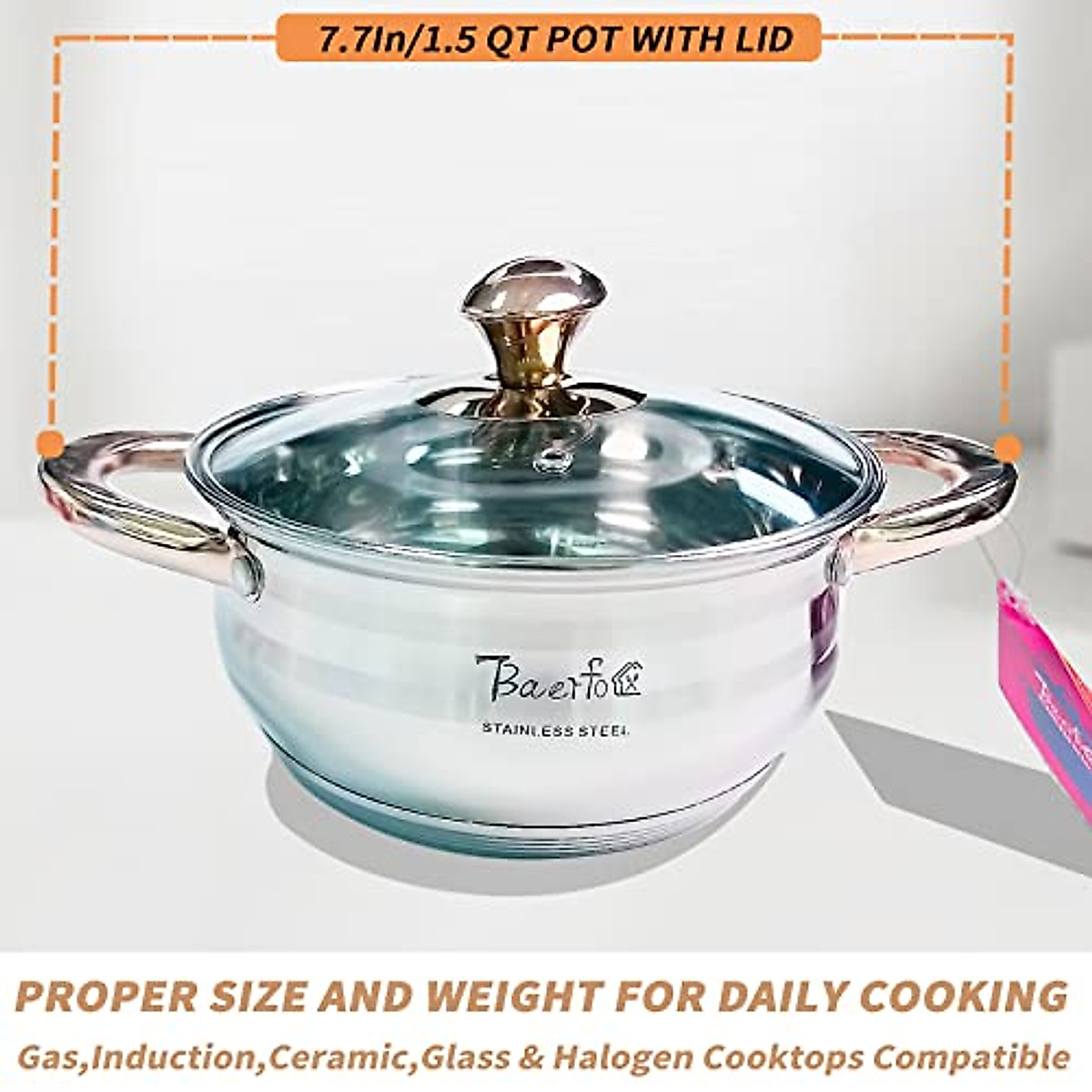 BAERFO 1.5 Quart Stock Pot,5 Ply 18/8 Stainless Steel Cooking Stock Pot with Lid, 1.5 QT Soup Pot, Healthy Stockpots, Casserole, Stew, Induction, Oven,Gas and Dishwasher Safe Pot