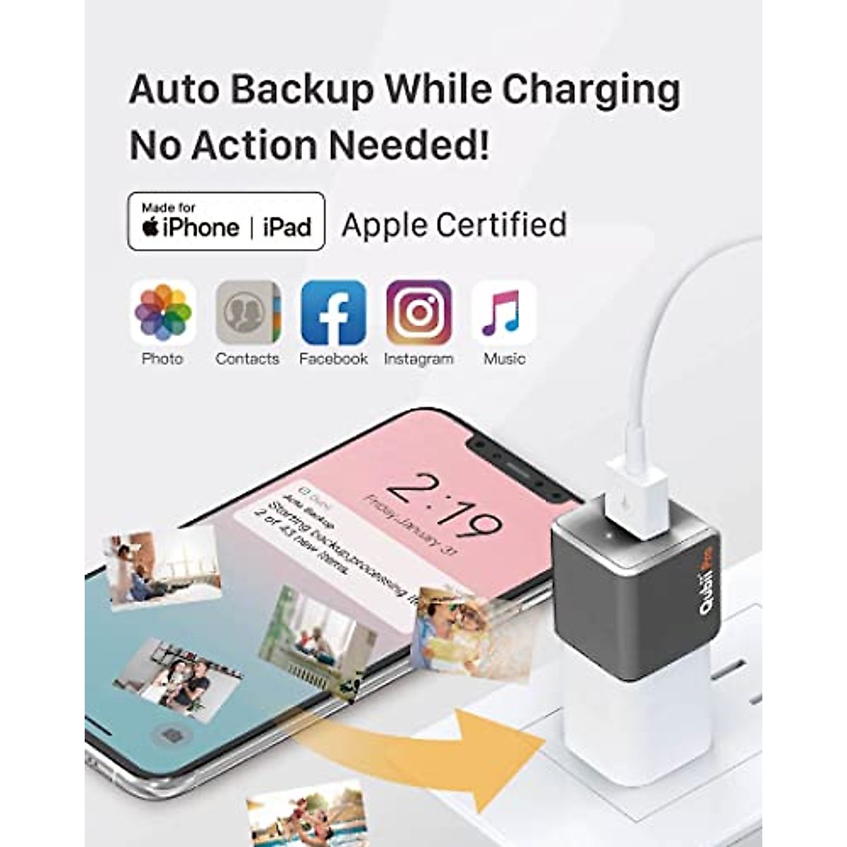MAKTAR Qubii Pro USB-A Flash Drive, Auto Backup While Charging, MFi Certified Compatible with iPhone/iPad, Memory Stick iPad External Photo Storage for MacBook/Laptops/PC Photo Stick