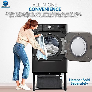 EZ Laundry | Upgraded 29” Universal Pedestal – 700lbs Capacity, Raises 16” with Built-in Drain Pan + Hose, Adjustable Feet, Anti-Vibration, Steel & Storage Shelf for Washer & Dryer (Black)