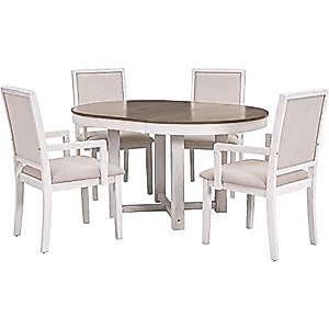 WOZNLA 5-Piece Dining Table Set - Round to Oval Extendable Butterfly Leaf Wood Table with 4 Upholstered Dining Chairs with Armrests - Ideal for Kitchen and Family Gatherings
