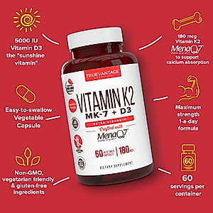 Vitamin K2 D3 Supplement 5000 IU D3 and 180 mcg Vitamin k2 MK7 Supplement for Healthy Bones, Healthy Heart & Cardiovascular Health-60 Easy to Swallow Vegetable caps of MenaQ7 K2 MK7
