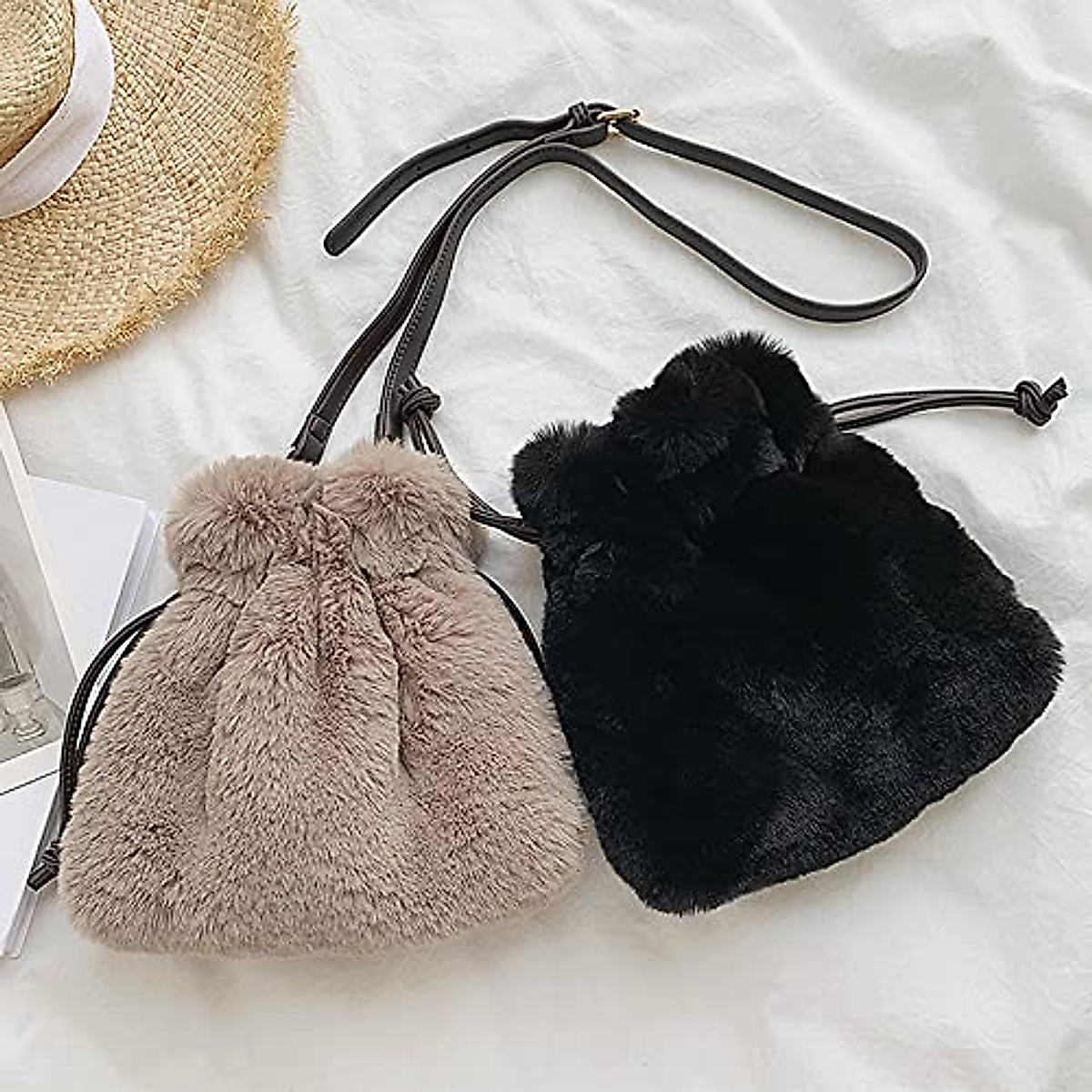 Van Caro Women’s Fashion Fuzzy Shoulder Bucket Purse Drawstring Bag Cross Body Bag, Black