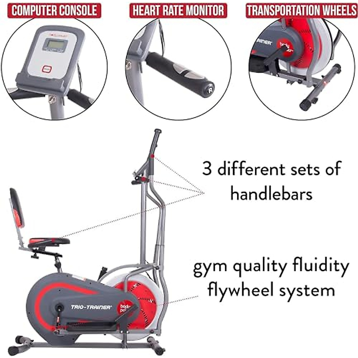 [BODY POWER] 2nd Generation Patented 3-in-1 Home Gym, Upright Compact Exercise Bike, Elliptical Machine & Recumbent Bike, Trio Trainer with Heartrate Monitor, Safety Brake Pad. BRT5088