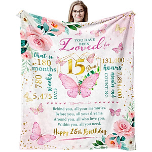 Birthday Gifts for 15 Year Old Girl Throw Blanket 60"x50", Quinceanera Gifts for Girl, 15th Birthday Gift Ideas for Teen Girls, Sweet 15 Birthday Gifts for Girls, Best Presents for 15 Yr Old Girls