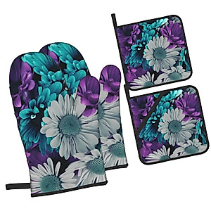 YILEQUAN Purple and Teal Flowers Print Oven Mitts Pot Holders Sets,Kitchen Glove High Heat Resistant 500 Degree Potholder,Surface Safe for Baking, Cooking, BBQ,Pack of 4 One Size