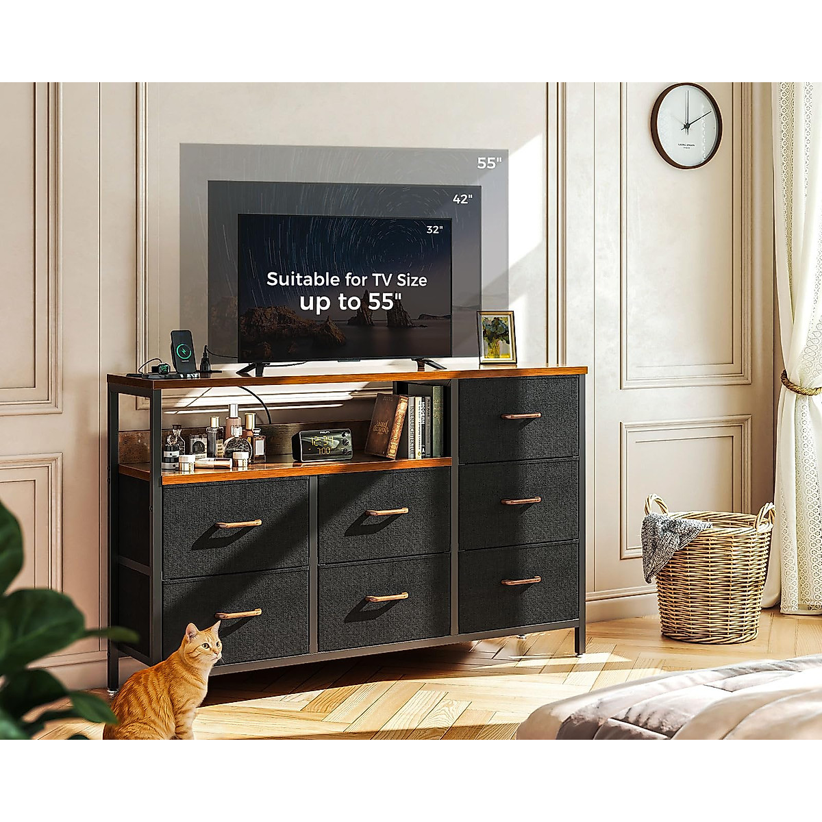 AODK Dresser with Charging Station, 52-Inch Long Dresser for Bedroom with 7 Large Fabric Drawers, Dresser TV Stand with Open Shelves for 55-Inch TV, Vintage
