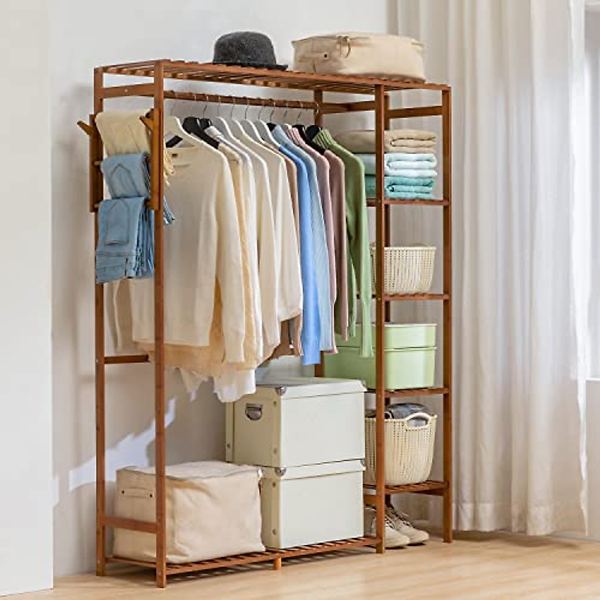 MoNiBloom Bamboo Clothes Rack, 6 Tier Garment Clothing Storage Shelving with Pants Scarves Racks and a Hanging Rob for Bedroom Living Room, Brown