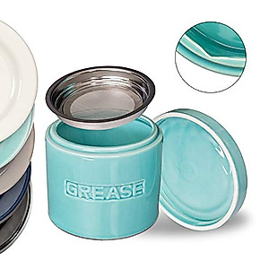 Bacon Grease Oil Container Storage Can Keeper w/Stainless Strainer Paleo Keto Pour Spout Ceramic Porcelain Stoneware Fat Separator Filter Multiple Colors AQUA