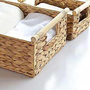 ANMINY 4PCS Woven Storage Baskets Set Handmade Wicker Storage Bins Boxes with Wood Handles Natural Water Hyacinth Container Decorative Clothes Nursery Baby Kid Towel Large Small Shelf Organizer