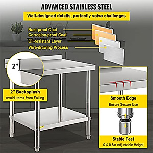 VEVOR Stainless Steel Prep Table, 30 x 24 x 35 Inch, 440lbs Load Capacity Metal Worktable with Backsplash and Adjustable Undershelf, Commercial Workstation for Kitchen Restaurant