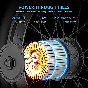 Wheelspeed Electric Bike 26" X 4.0", 500W Motor & 20 MPH Fat Tires Electric Mountain Bike for Adults, 70 Miles Electric Bicycle with 48V 14.5Ah Removable Battery, 7-Speed E-Bike (White)