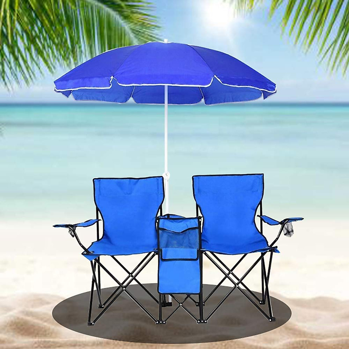 Double Folding Picnic Chairs with Umbrella Mini Table Beverage Holder Carrying Bag Table Cooler Beach Camping Chair for Beach Patio Pool Park Outdoor Portable Camping