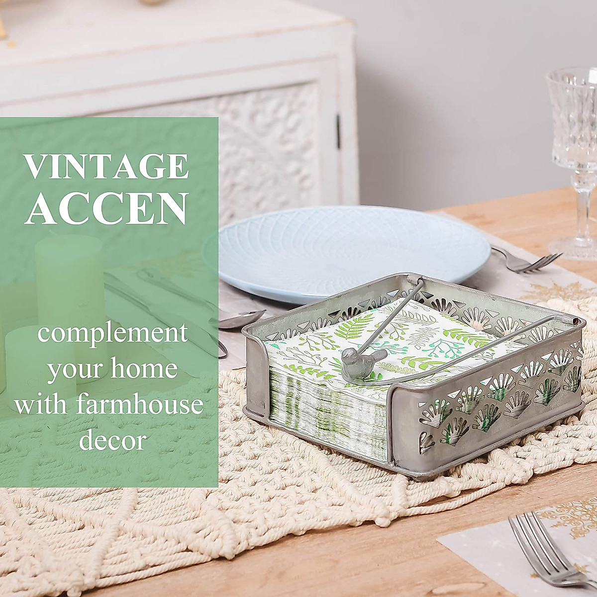 NIKKY HOME Farmhouse Rustic Flat Napkin Holder, Galvanized Metal Napkin Caddy with Bird Weight Ball