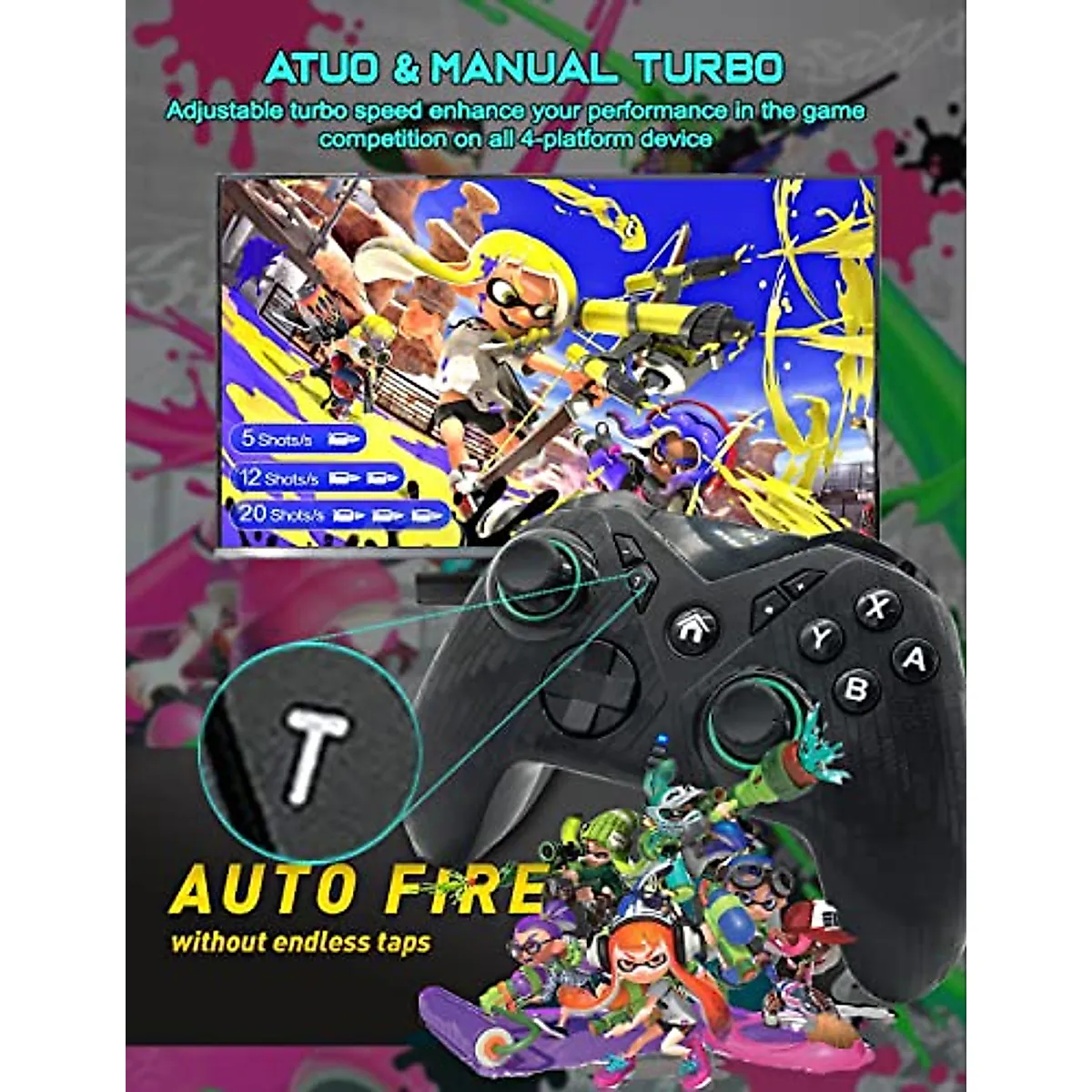 TJPD Pro Controller For Switch, Wireless Gamepad With 4 Programmable Back Buttons/RGB Light/Super Turbo/6-Axis Gyro/One-click reconnection/Adjustable vibration (Charcoal)
