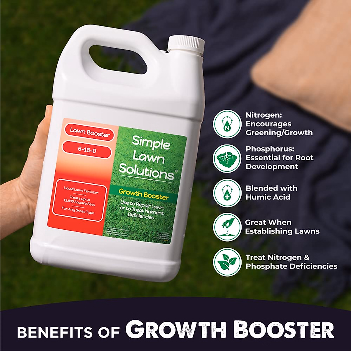 Extreme Grass Growth Lawn Booster- Liquid Spray Concentrated Starter Fertilizer with Humic - Any Grass Type- Simple Lawn Solutions (1 Gallon)