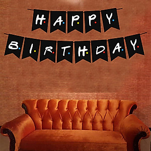 Happy Birthday Banner for Friends Themed Birthday Party Decoration, TV Show Friends Style Bunting Photo Backdrop for Friends Fans (Black)