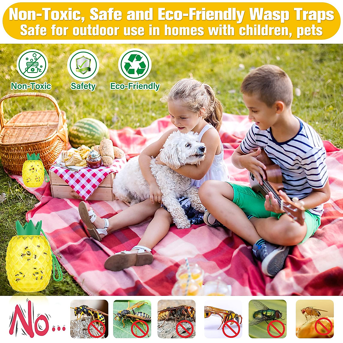 Wasp Traps Outdoor Hanging, Bee Traps Repellent Yellow Jacket Catchers Killer for Outside, Hornet Wasp Trap Non-Toxic Reusable Hanging Traps Pineapple Shape - 2 Pack