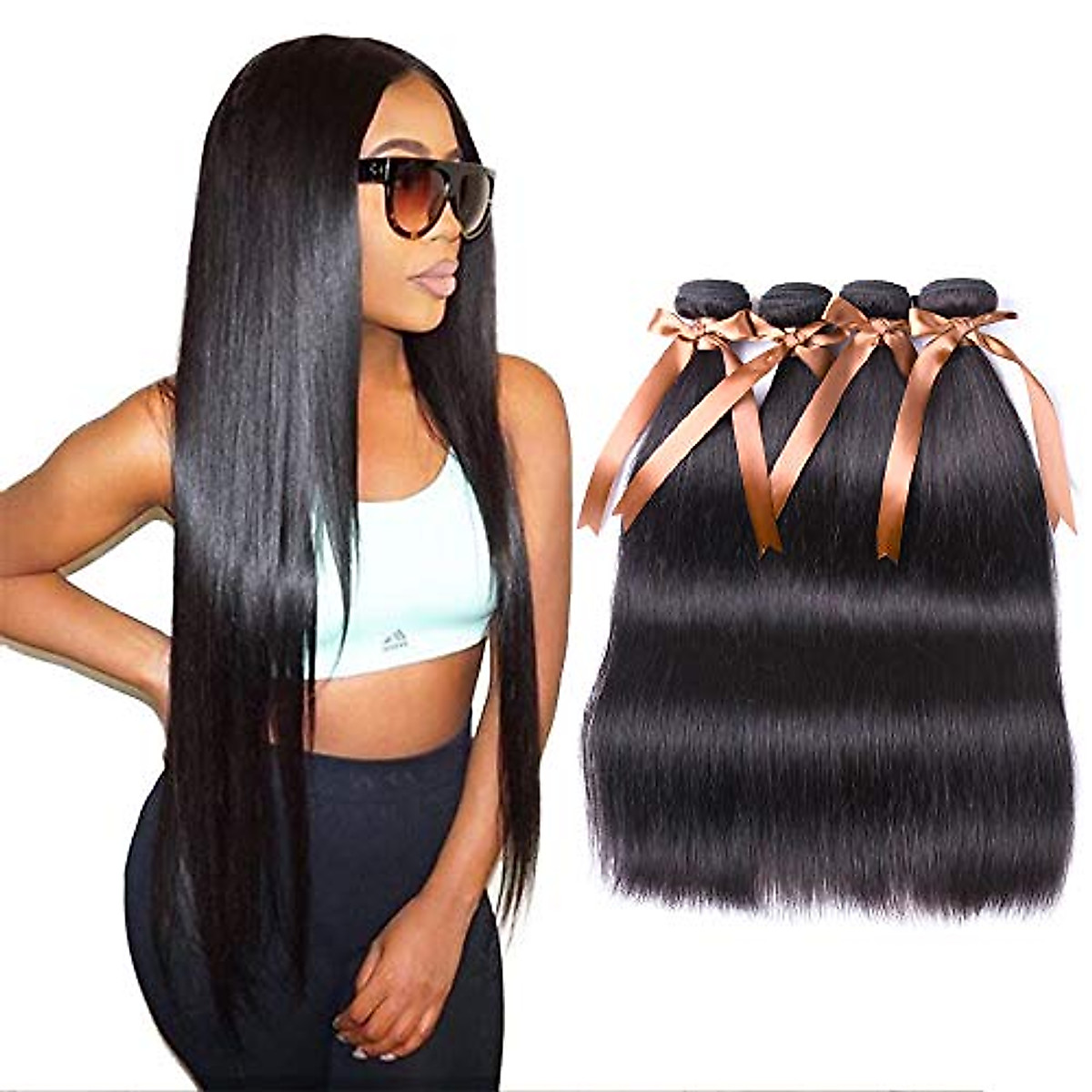 ALLRUN Brazilian Straight Human Hair 4 Bundles Unprocessed Virgin Hair Brazilian Straight Human Hair Weave Weft Human Hair Extensions Natural Black(22 24 26 28)