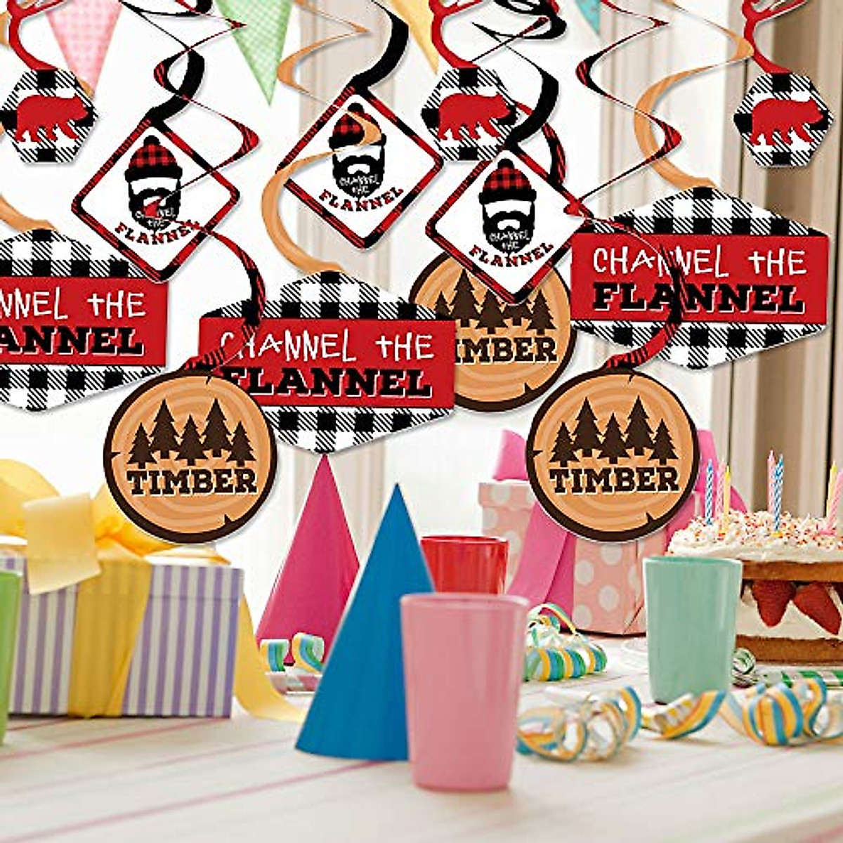 Big Dot of Happiness Lumberjack - Channel the Flannel - Buffalo Plaid Party Hanging Decor - Party Decoration Swirls - Set of 40