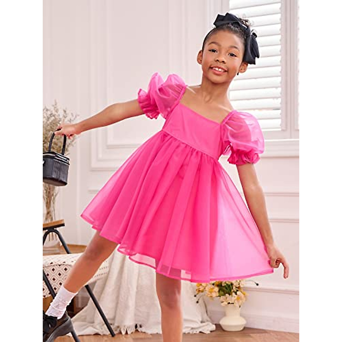 Verdusa Girl's Puff Short Sleeve Square Neck Mesh Short A Line Swing Dress Hot Pink 10Y