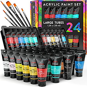 Premium Quality Acrylic Paint Set 24 Colors - 1.28oz (38ml) - with 6 Nylon Brushes - Safe for Kids & Adults - Perfect Kit for Beginners, Pros & Artists to Create Amazing Paintings and Artwork